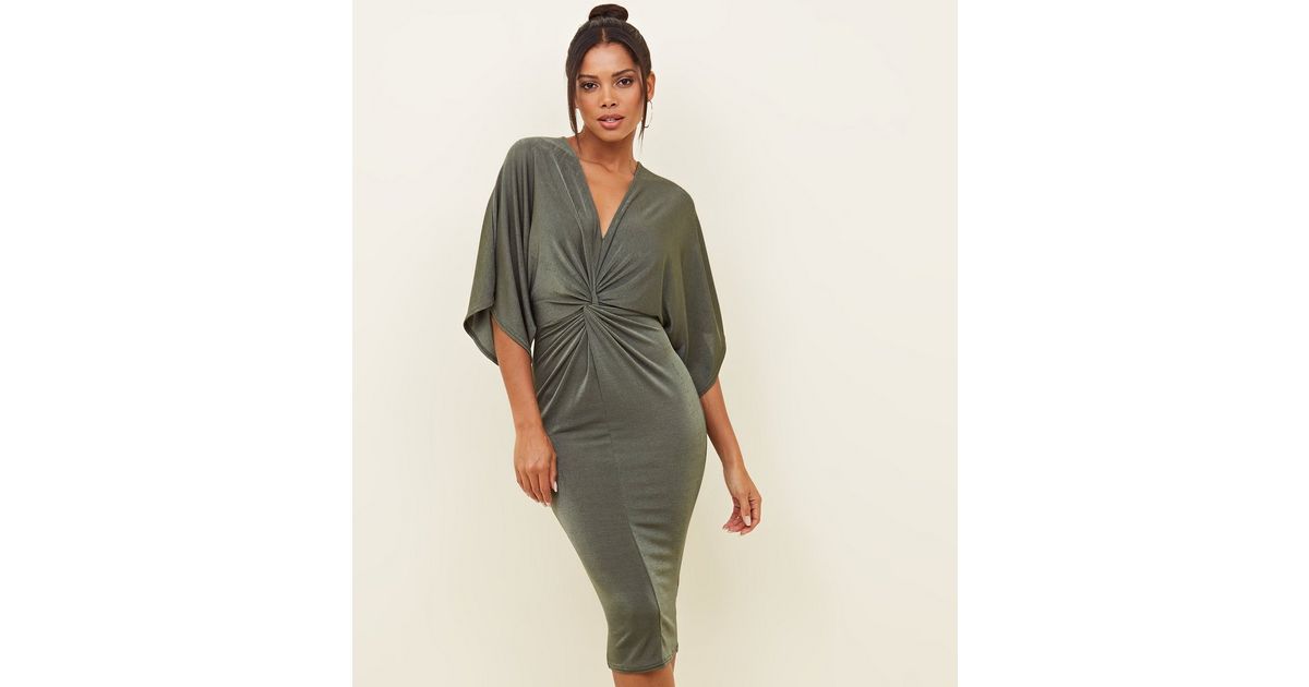 Khaki Kimono Sleeve Twist Front Midi Dress New Look