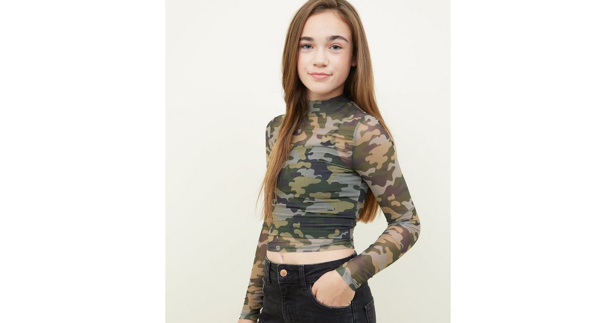 Girls Green Camo Mesh Long Sleeve Top | New Look