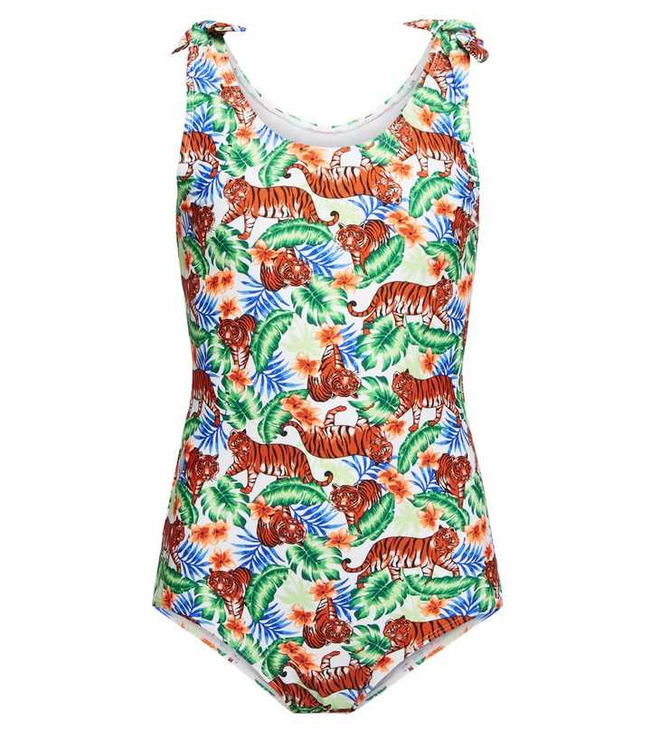 Girls White Tropical Tiger Print Swimsuit | New Look