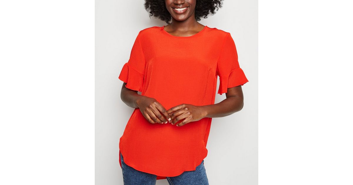 Red Frill Sleeve T-Shirt | New Look