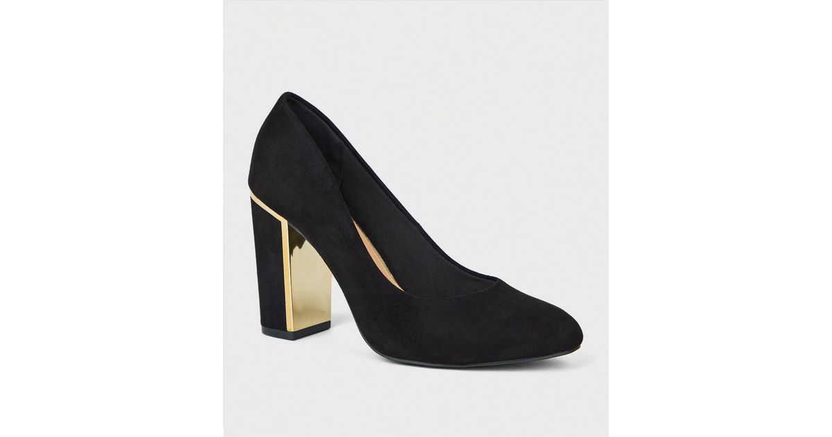 Wide Fit Black Metal Trim Block Heels | New Look
