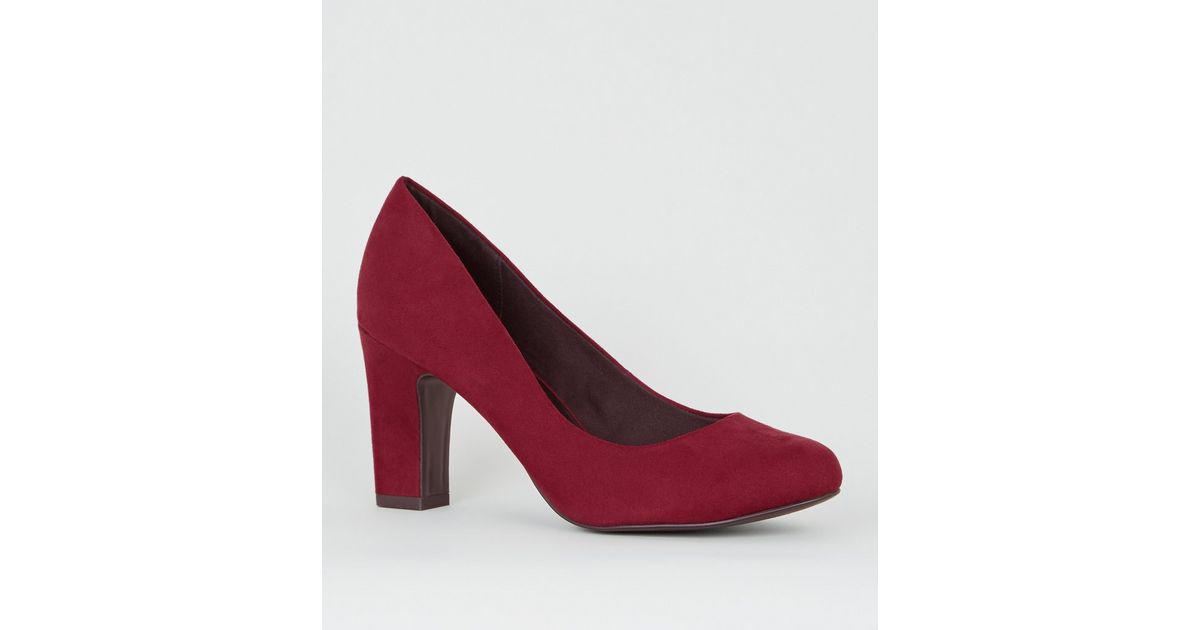 Wide Fit Dark Red Block Heel Court Shoes | New Look