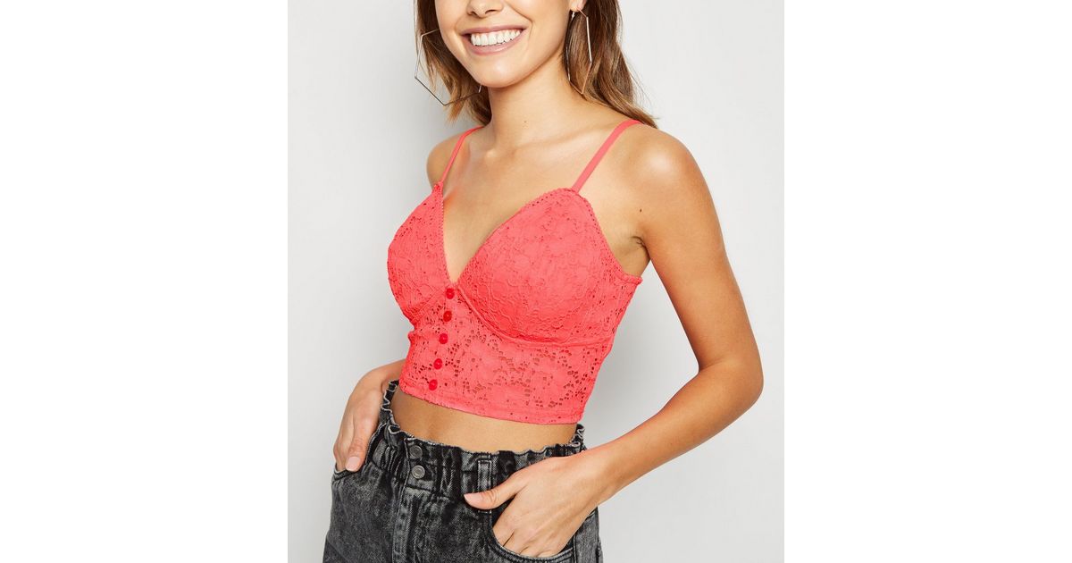 Pink Neon Lace Button Front Bralette New Look