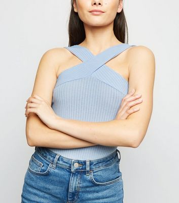 Pale Blue Ribbed Cross Front Bodysuit | New Look