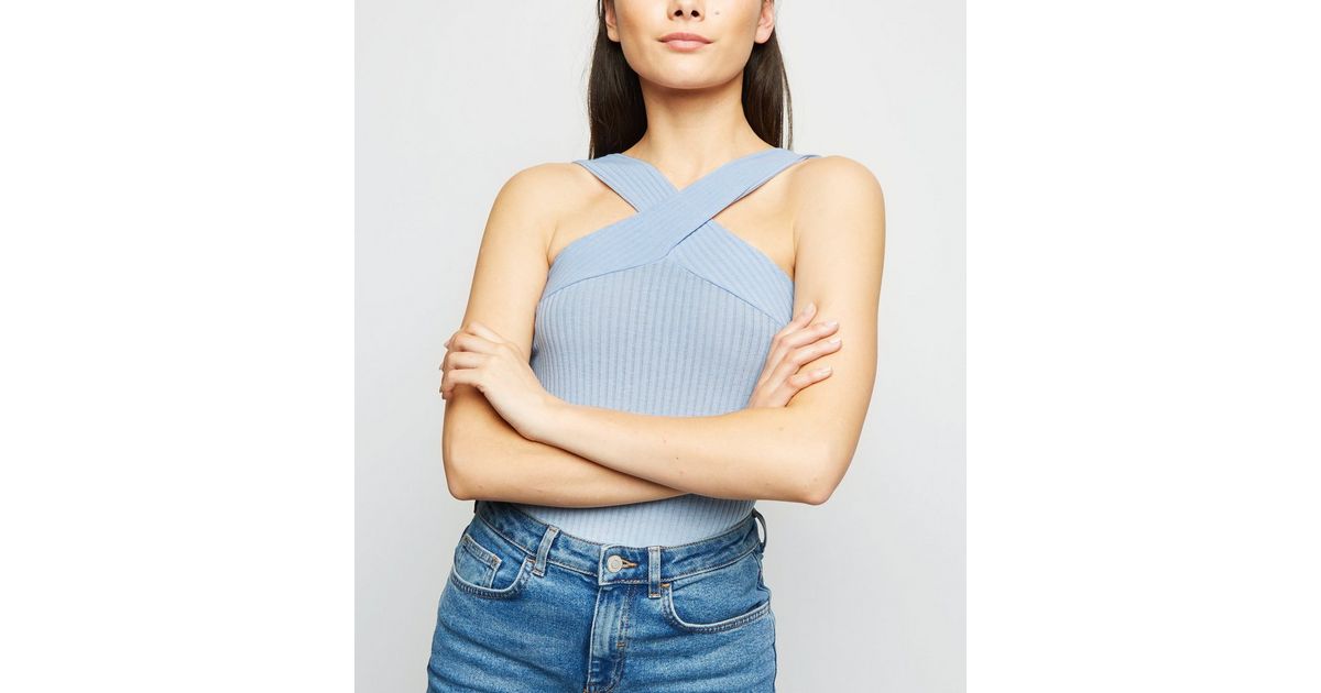 Pale Blue Ribbed Cross Front Bodysuit | New Look