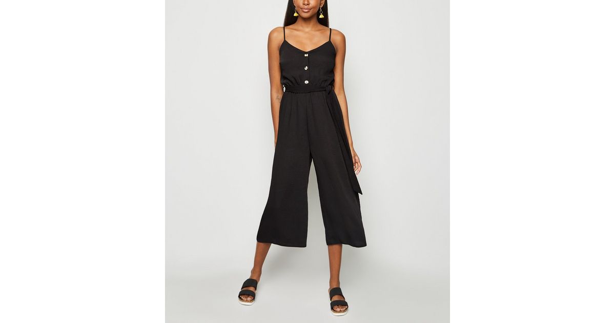 Black Herringbone Button Front Strappy Jumpsuit | New Look