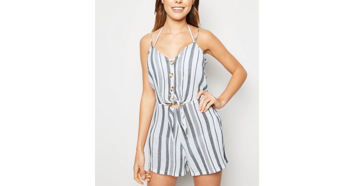 Black Stripe Tie Front Beach Playsuit | New Look