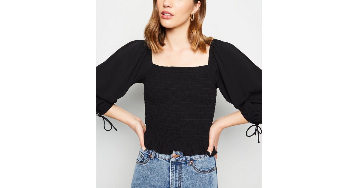 Black Shirred Square Neck Peplum Top New Look