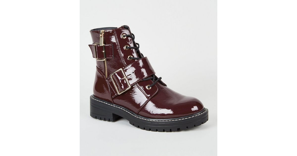 Dark Red Patent Lace Up Buckle Boots | New Look