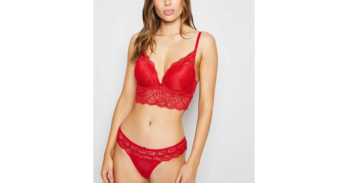 Dark Red Lace Scallop Hem Longline Push Up Bra New Look