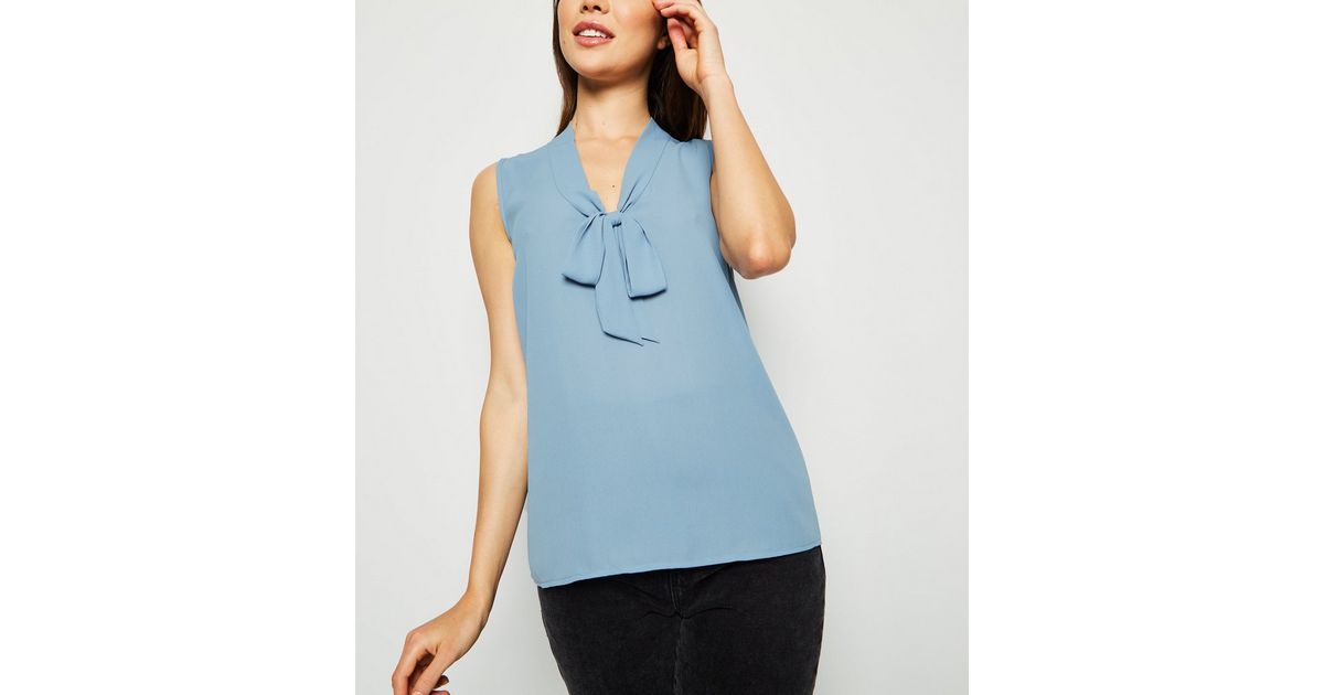 Bright Blue Tie Neck Chiffon Top | New Look