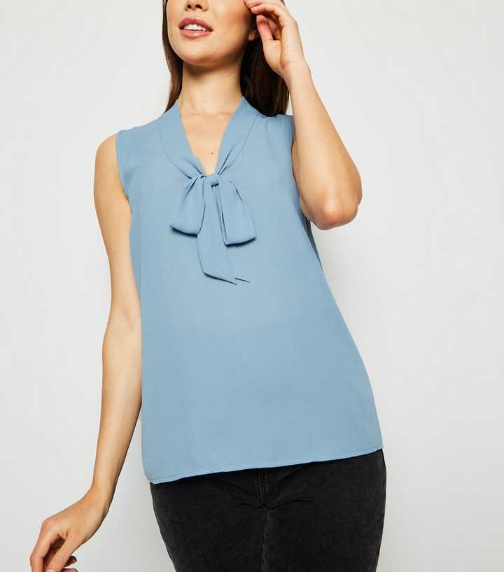 Bright Blue Tie Neck Chiffon Top | New Look