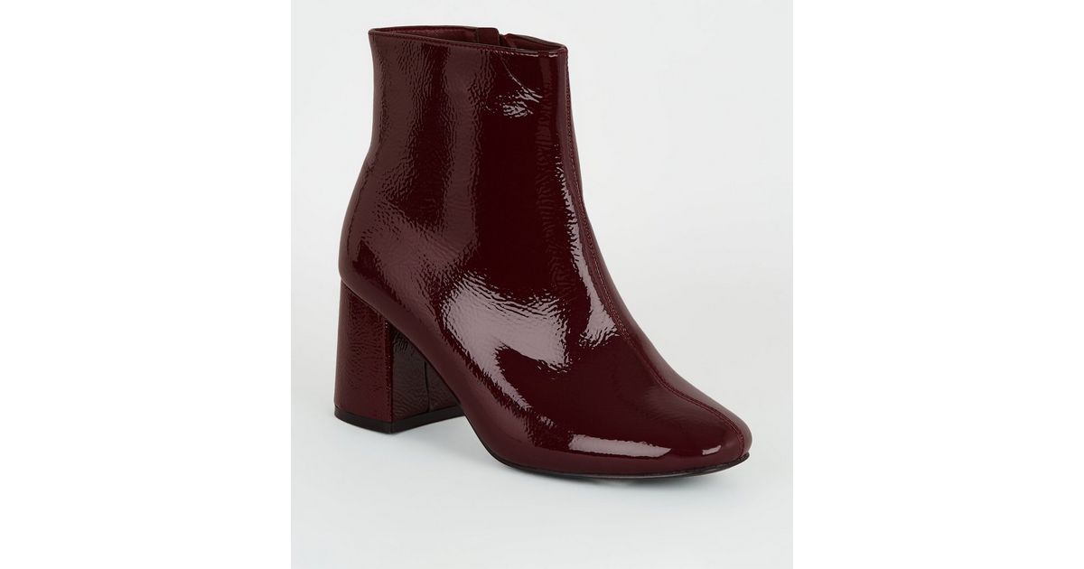 Wide Fit Dark Red Patent Flared Heel Ankle Boots | New Look