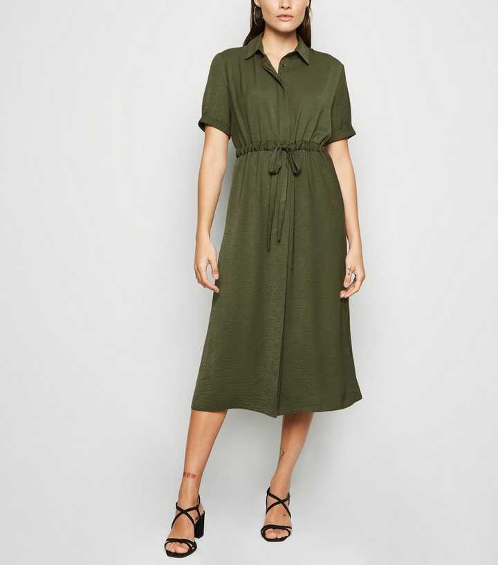 Khaki Drawstring Waist Midi Shirt Dress | New Look