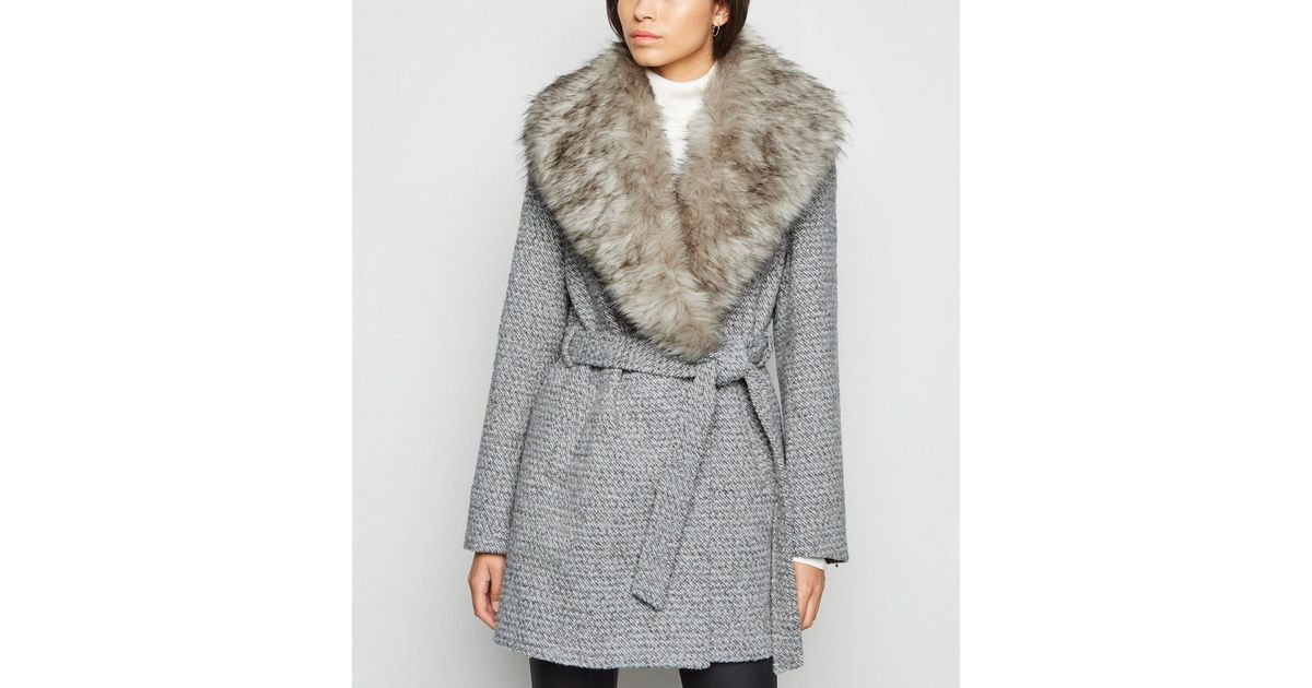 Light Grey Flecked Faux Fur Collar Belted Coat New Look