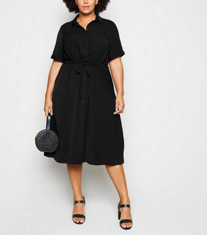Curves Black Drawstring Waist Midi Shirt Dress | New Look