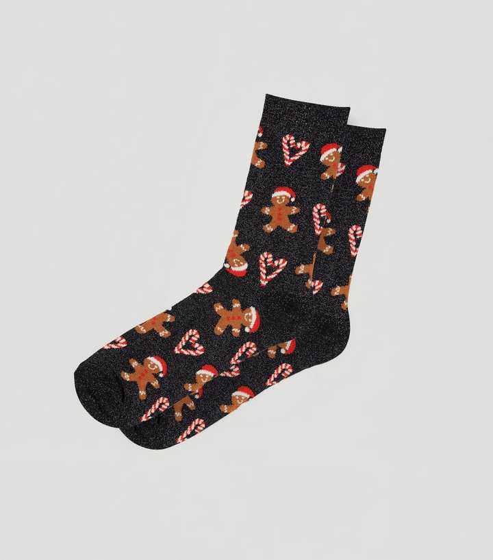 Black Glitter Gingerbread Christmas Socks | New Look