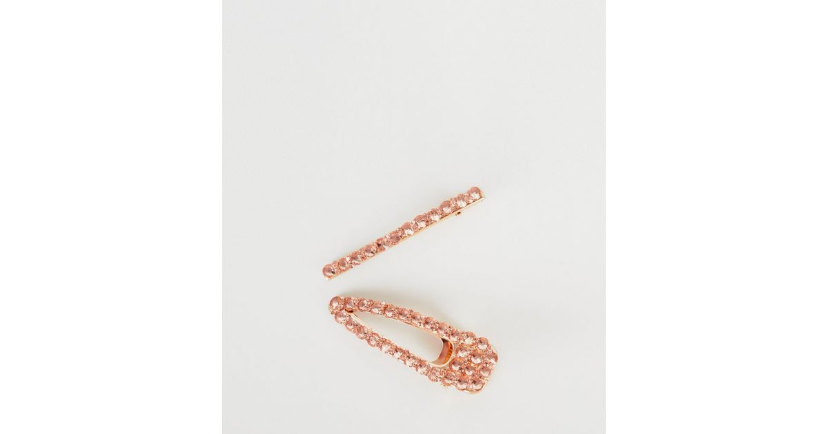 2 Pack Rose Gold Diamanté Hair Slides | New Look