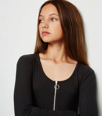 Girls Black Zip Front Ribbed Top | New Look