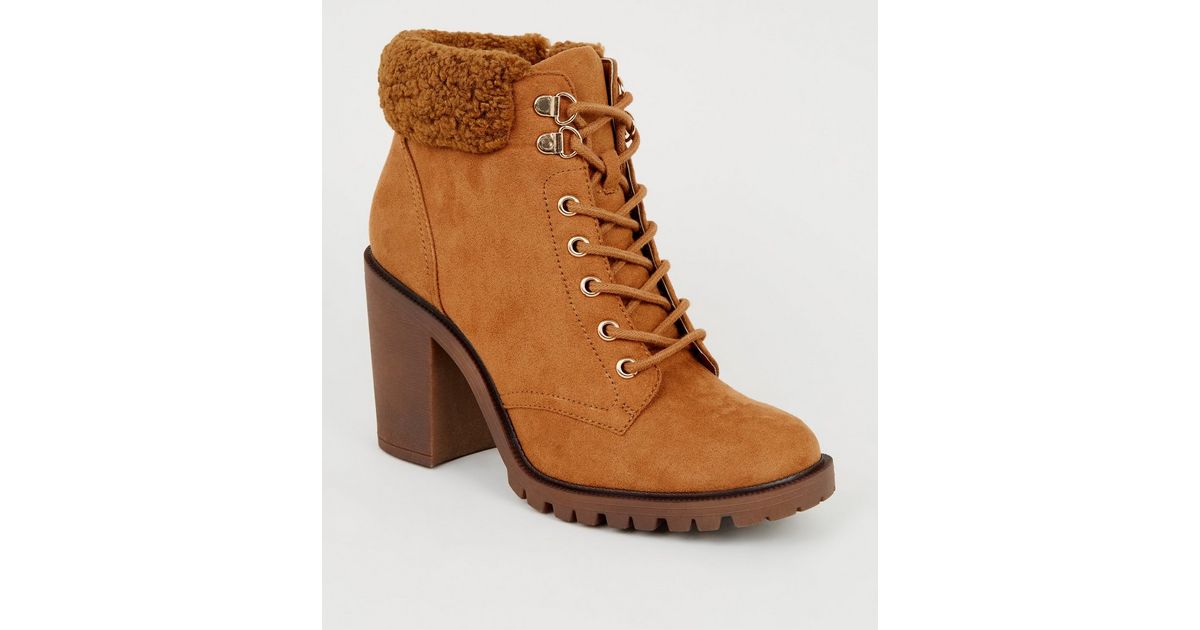 Tan Teddy Trim Block Heel Lace Up Boots | New Look