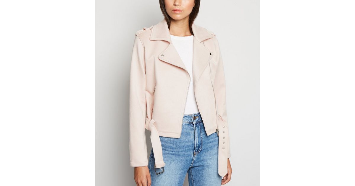 Pale Pink Twill Suedette Biker Jacket | New Look