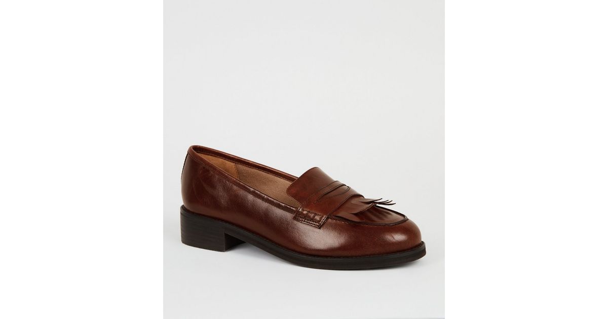 Wide Fit Brown Leather Fringe Loafers | New Look