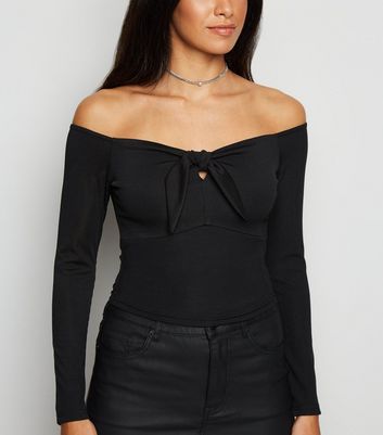 Black Ribbed Tie Front Bardot Top | New Look