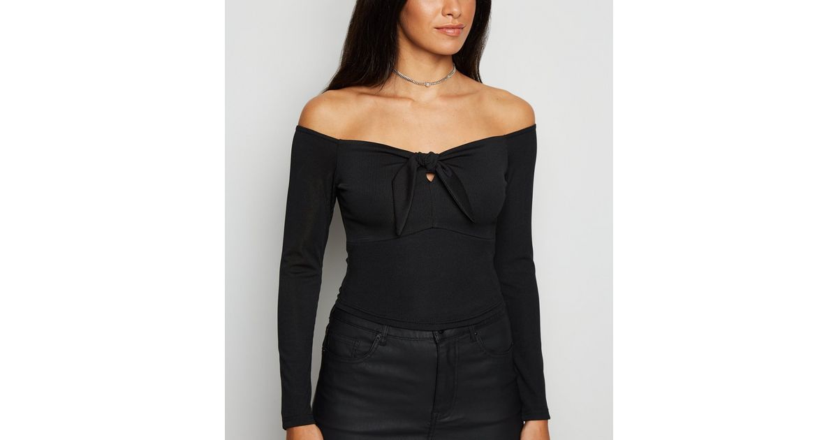 Black Ribbed Tie Front Bardot Top | New Look