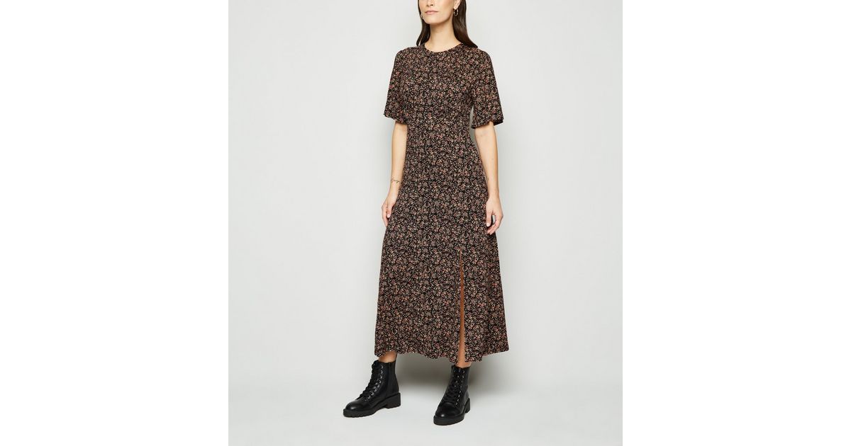Black Ditsy Floral Empire Midi Dress | New Look