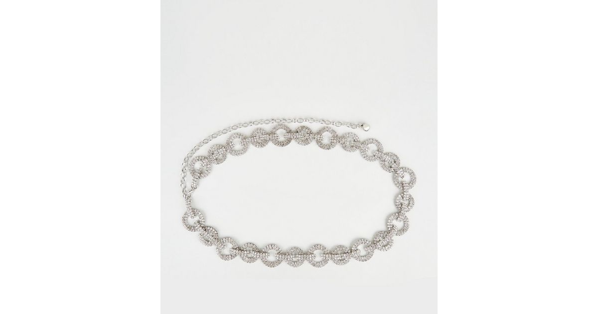 Silver Diamanté Circle Link Chain Belt | New Look