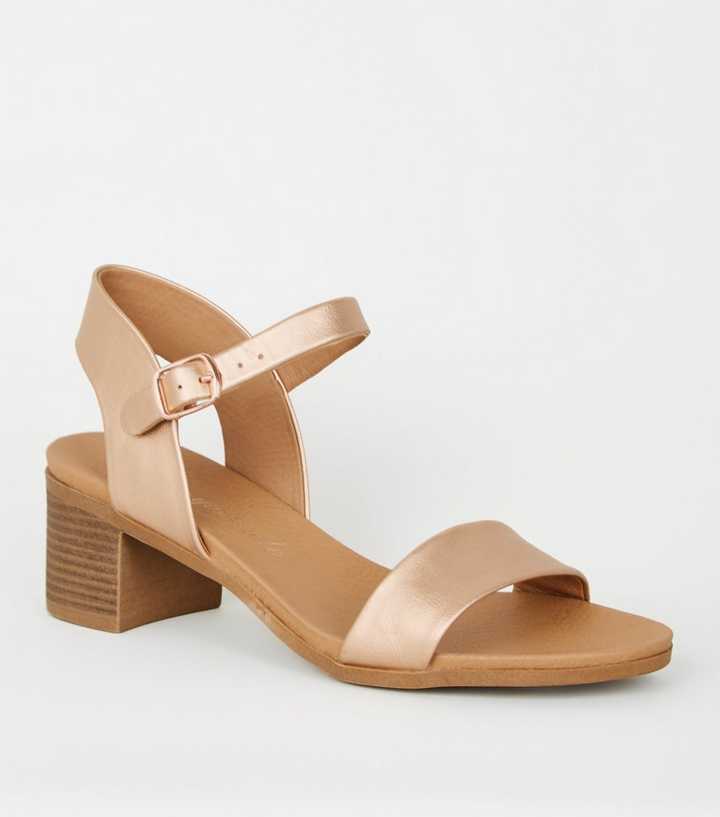 Rose Gold Leather-Look Low Block Heel Sandals | New Look
