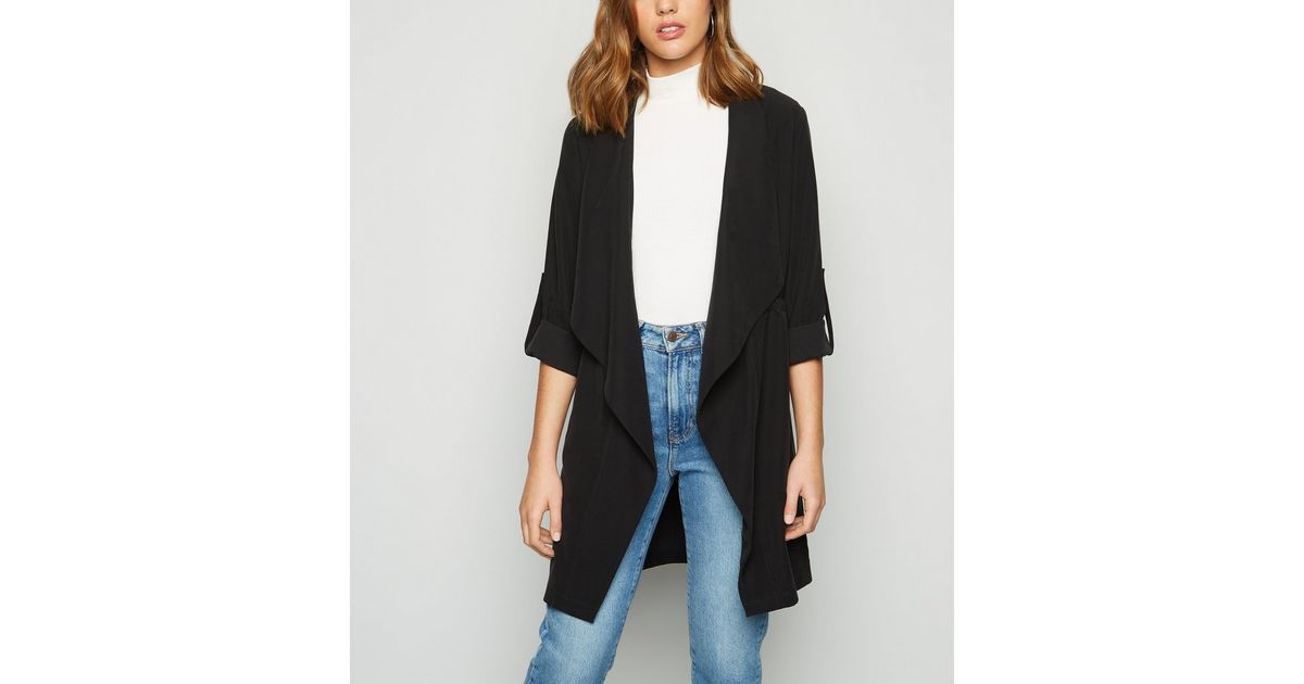 Black Elasticated Waist Waterfall Duster Jacket | New Look