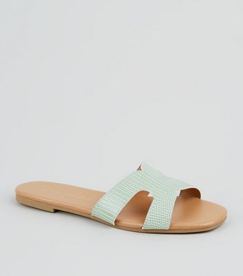 Light Green Faux Snake Sliders | New Look