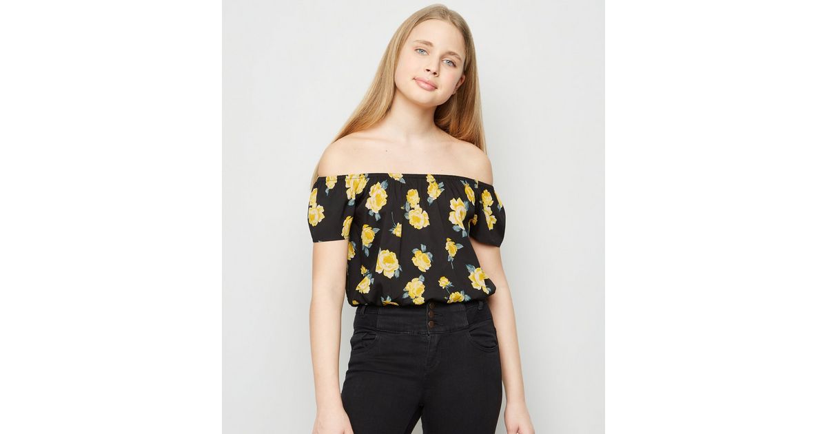 Girls Black Rose Print Bardot Top | New Look