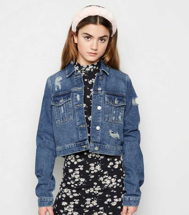Girls Pale Blue Ripped Crop Denim Jacket | New Look