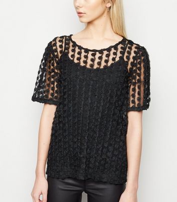 Black 3D Mesh Floral Top | New Look