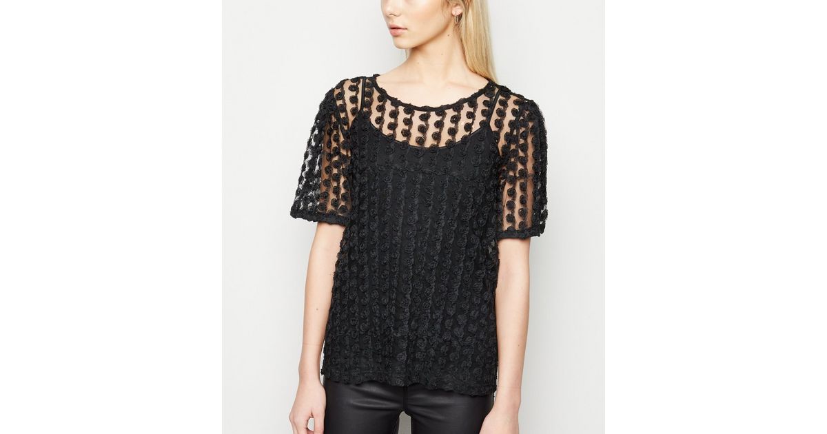 Black 3D Mesh Floral Top | New Look