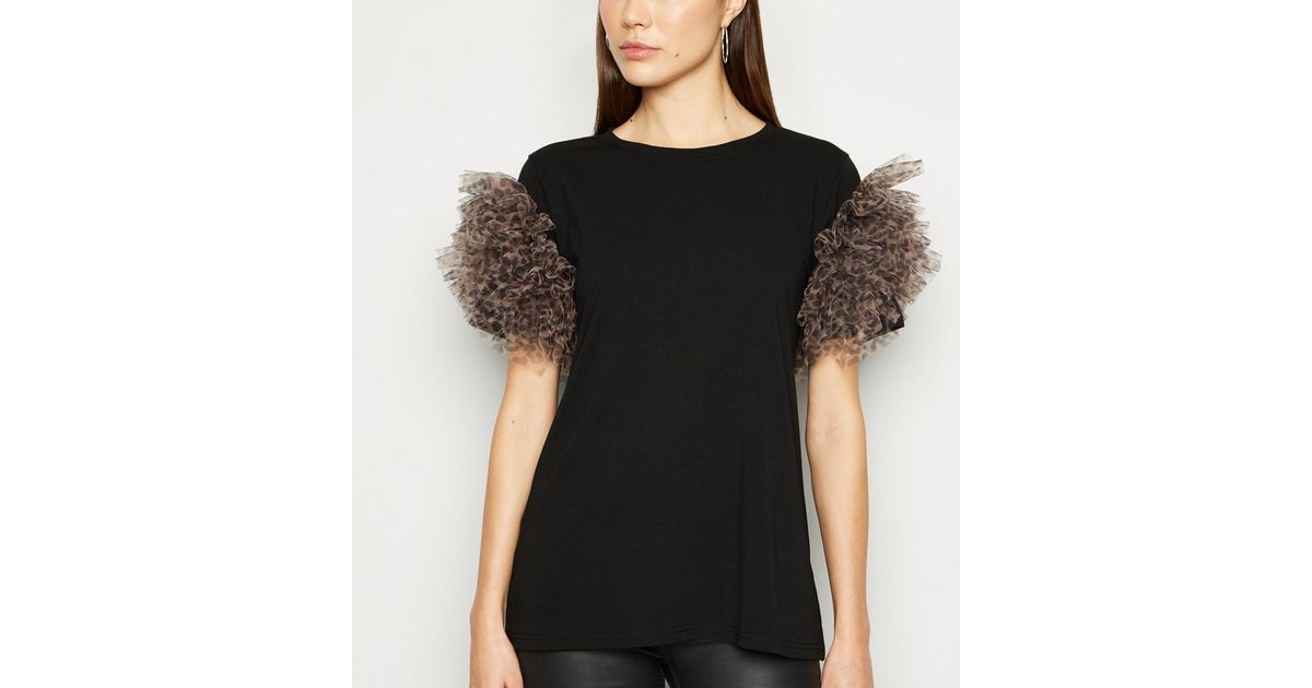 Black Leopard Print Mesh Ruffle Sleeve T-Shirt | New Look
