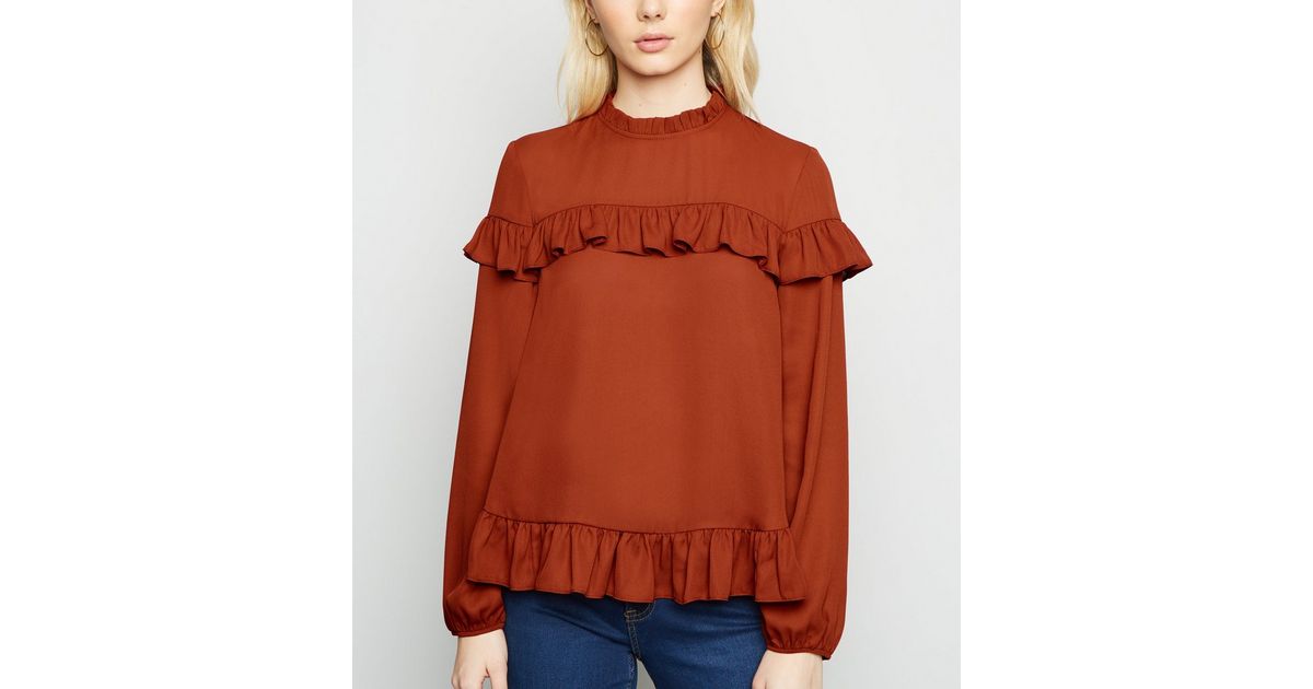 Rust Chiffon Ruffle Long Sleeve Blouse | New Look