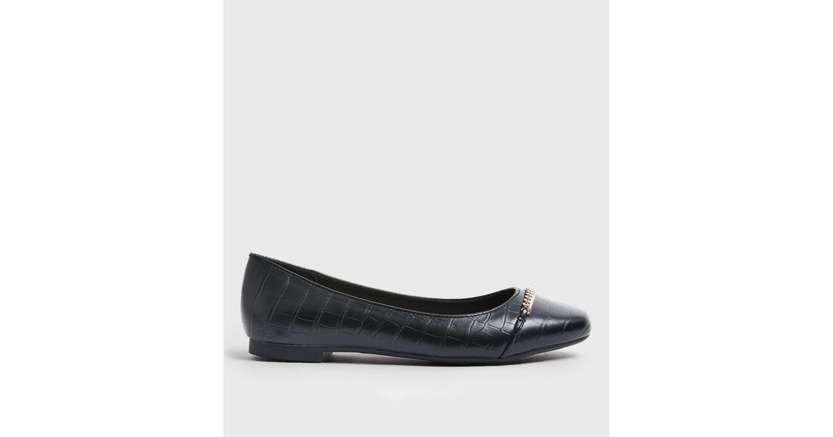 Wide Fit Black Faux Croc Chain Ballet Pumps | New Look