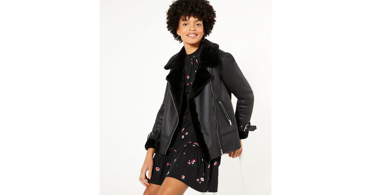 Black Leather Look Faux Fur Lined Aviator Jacket New Look