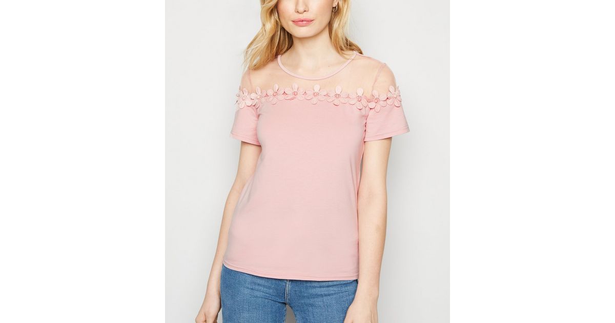 Pale Pink Mesh Panel 3D Floral Top | New Look
