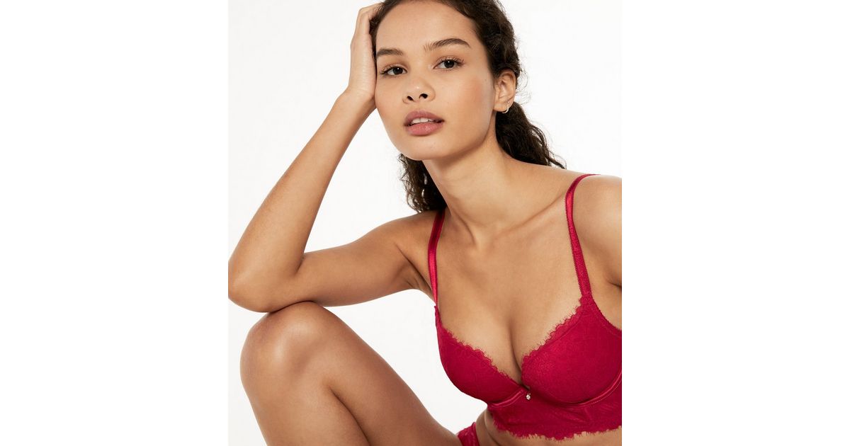 Red Lace Push Up Longline Bra | New Look