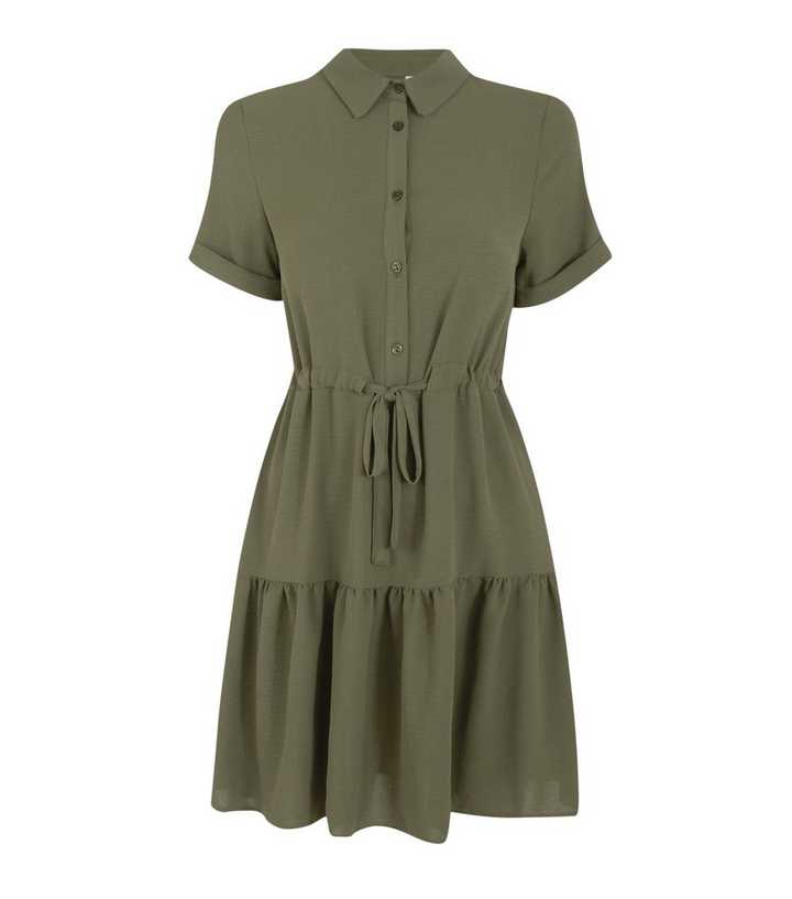 Khaki Drawstring Waist Tiered Shirt Dress | New Look