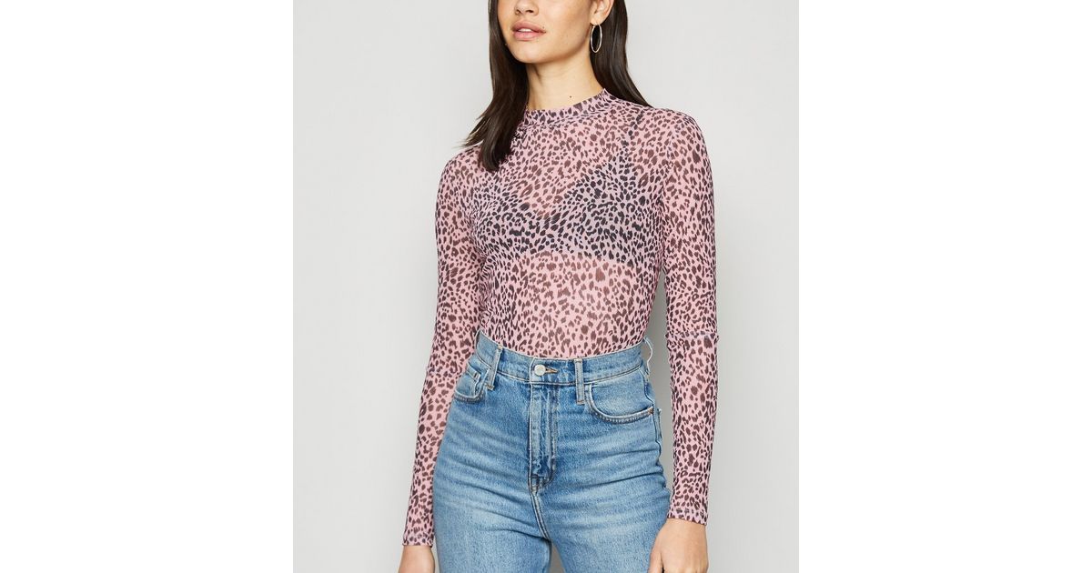 Pink Leopard High Neck Mesh Top | New Look