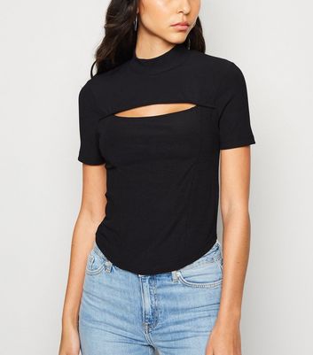 Black Ribbed Cut Out Panel Top | New Look