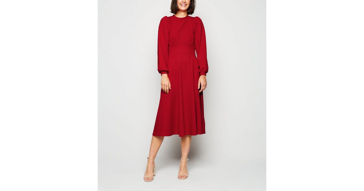 Missfiga Red Puff Sleeve Midi Skater Dress | New Look