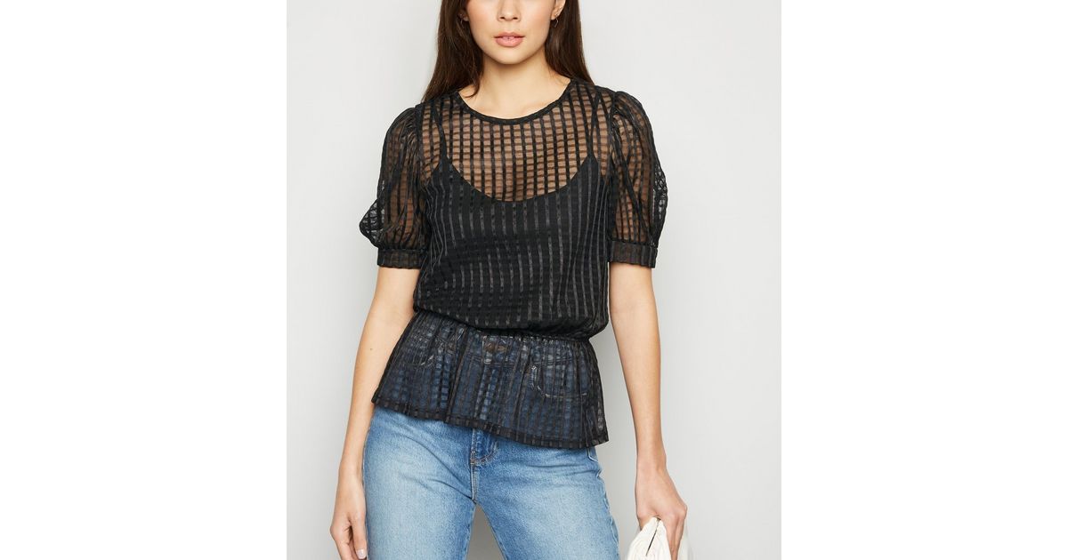 Black Grid Check Mesh Peplum Top | New Look