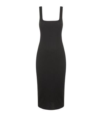 Black Ribbed Square Neck Bodycon Midi Dress | New Look
