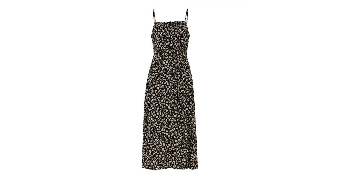 Black Daisy Button Front Midi Slip Dress | New Look